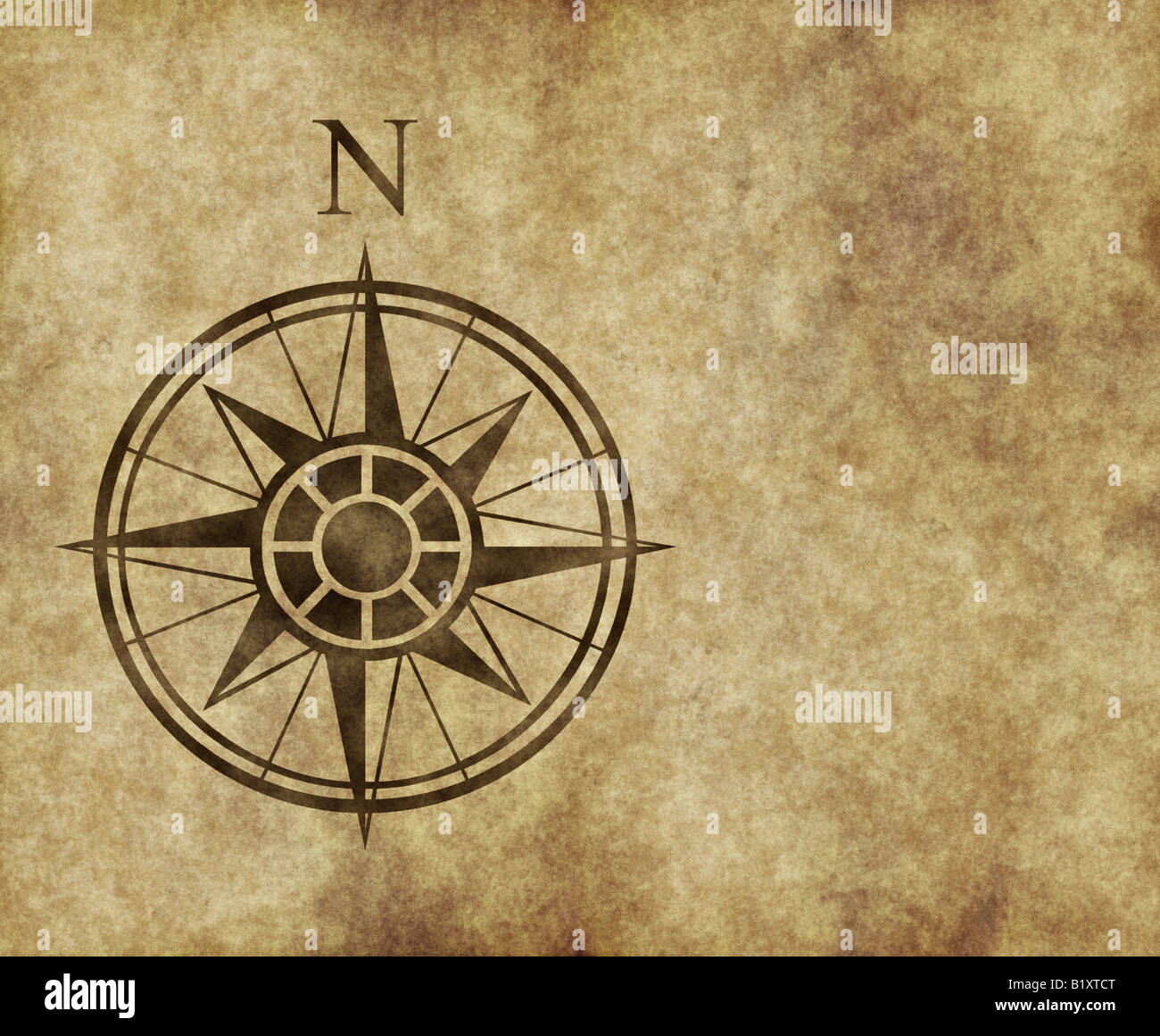 great north arrow and compass on old parchment map with copy space ...