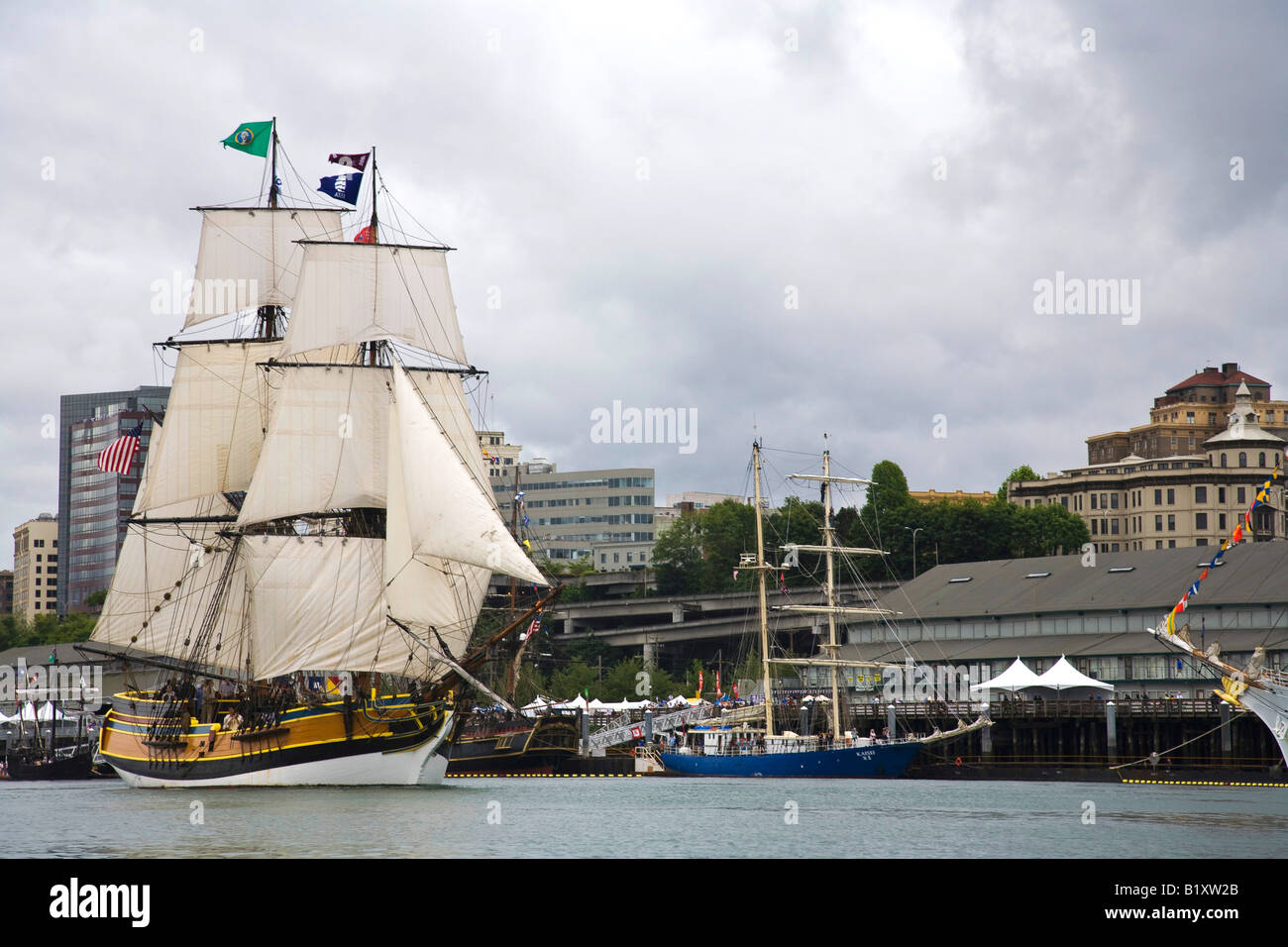 Lady Washington tall ship sailing during tall ship festival in Tacoma ...