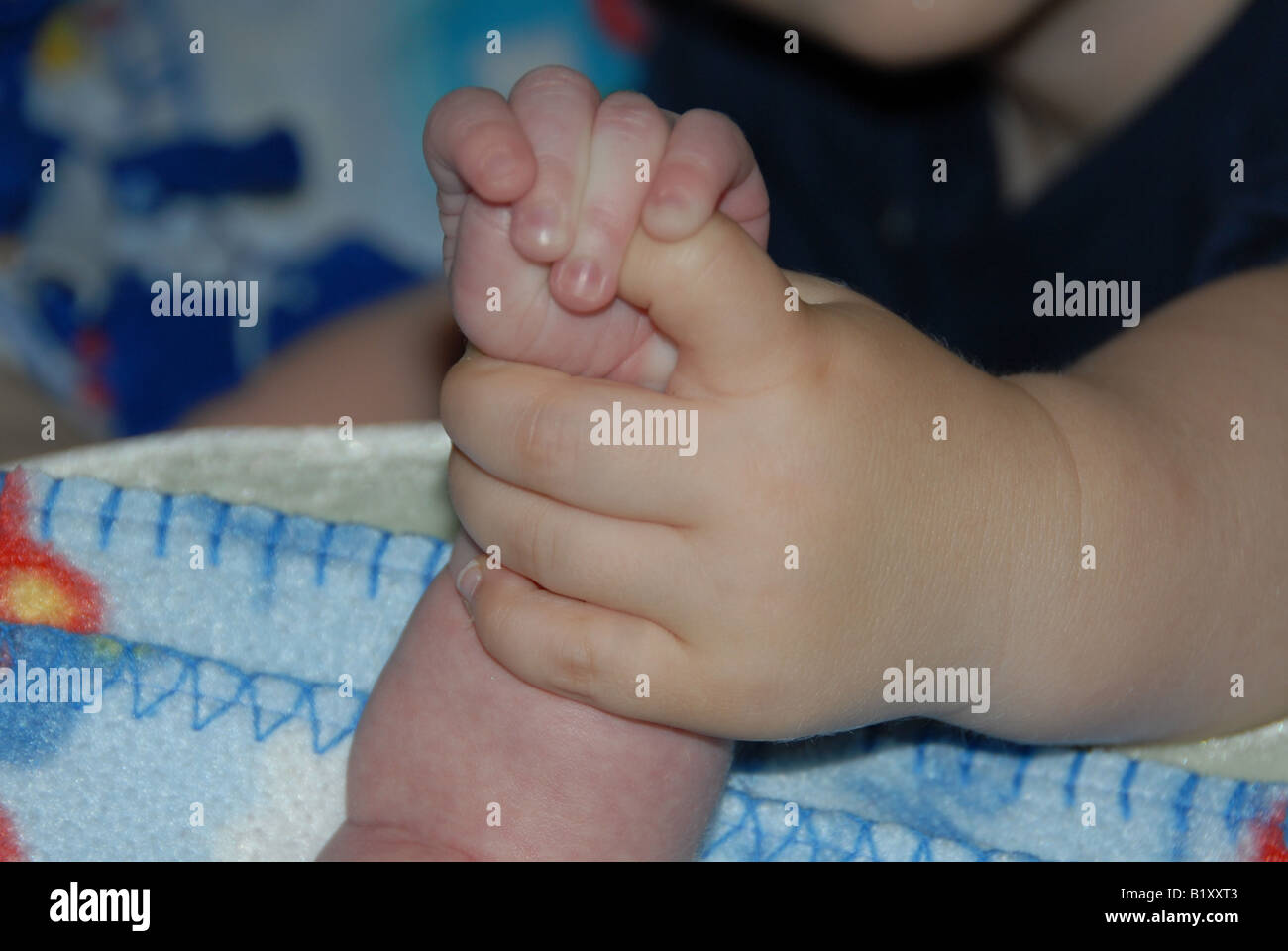 A toddler holds the hand of an infant baby Stock Photo - Alamy