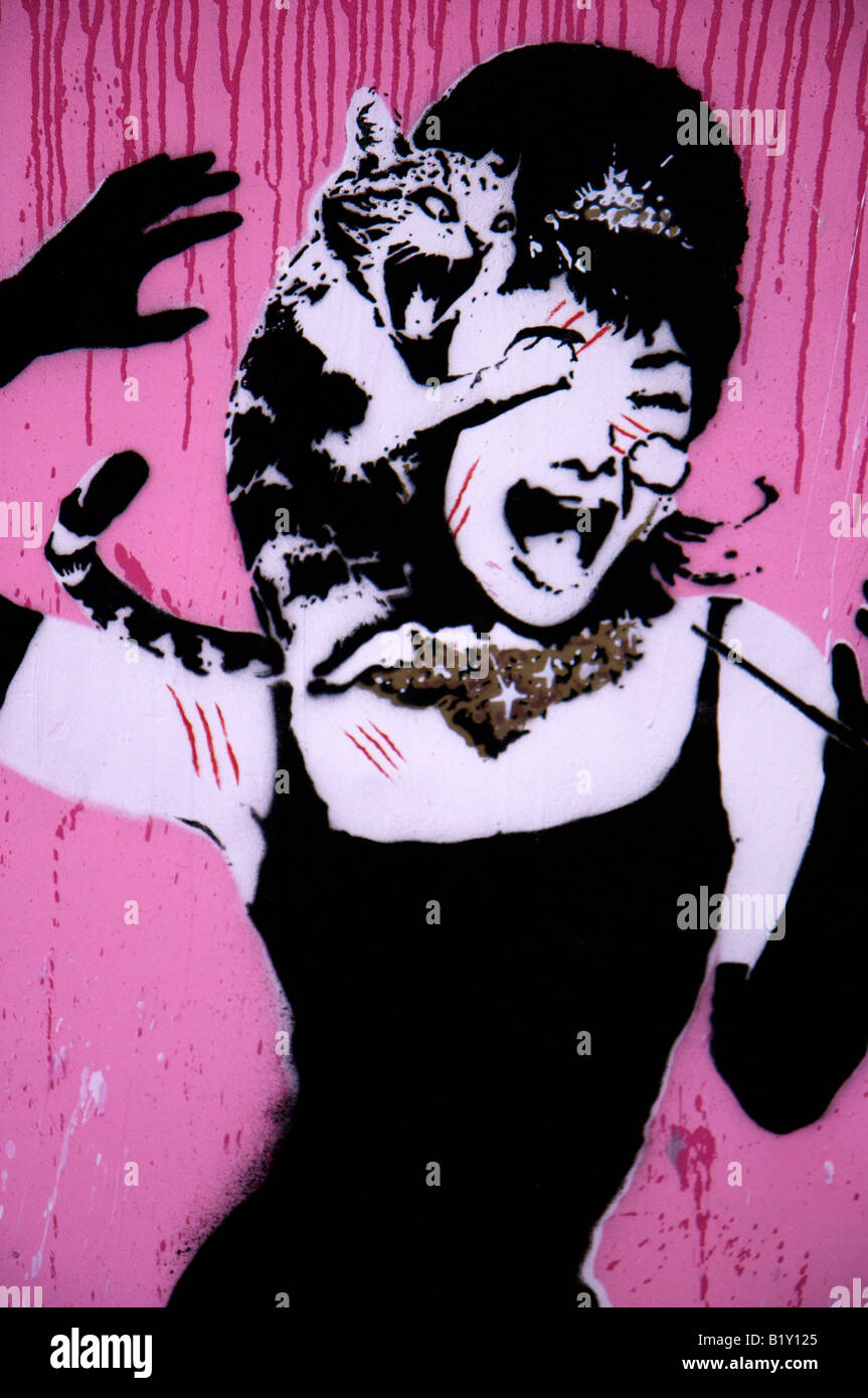 Graffiti artwork of woman with cat scratching face, Leake Street ...