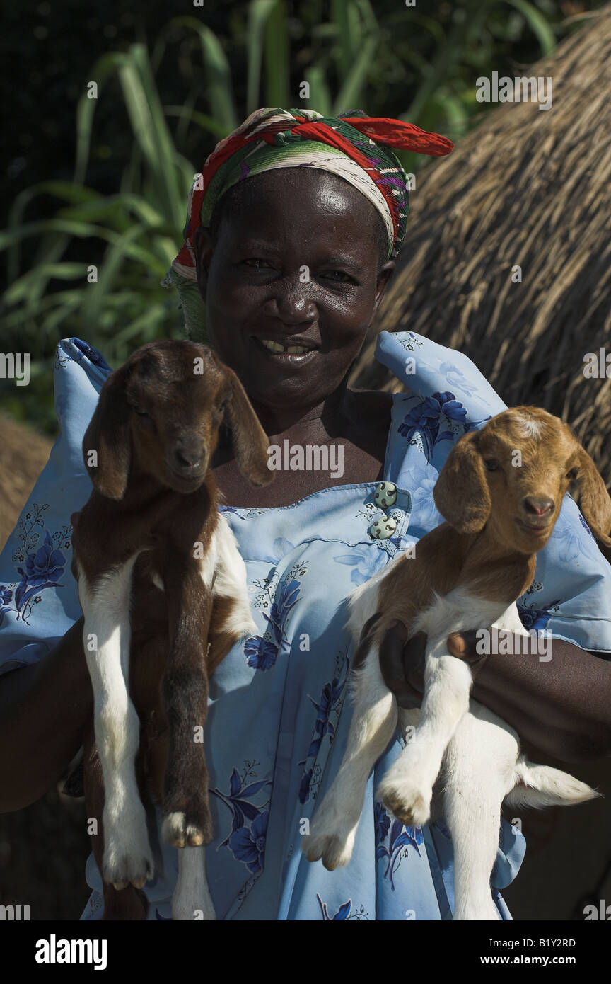Ugandan lady with a pair of young Boer Goats in her arms Stock Photo ...