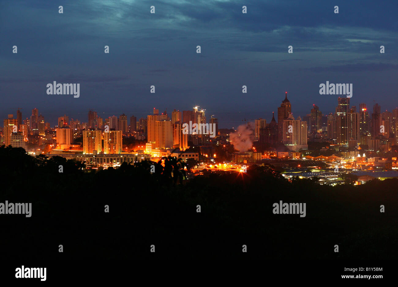 Panama city at night seen from the top of Metropolitan park, Panama ...