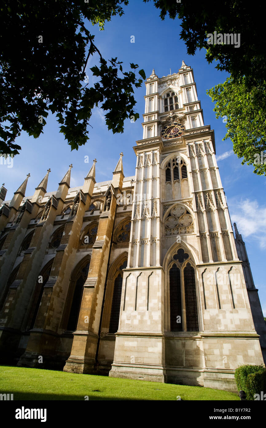 Western Tower of Westminster Abbey framed by foliage in the early ...