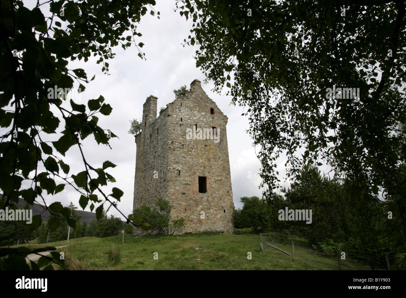 The imposing stone tower of Invermark Castle, now a ruin, at Glen Esk ...
