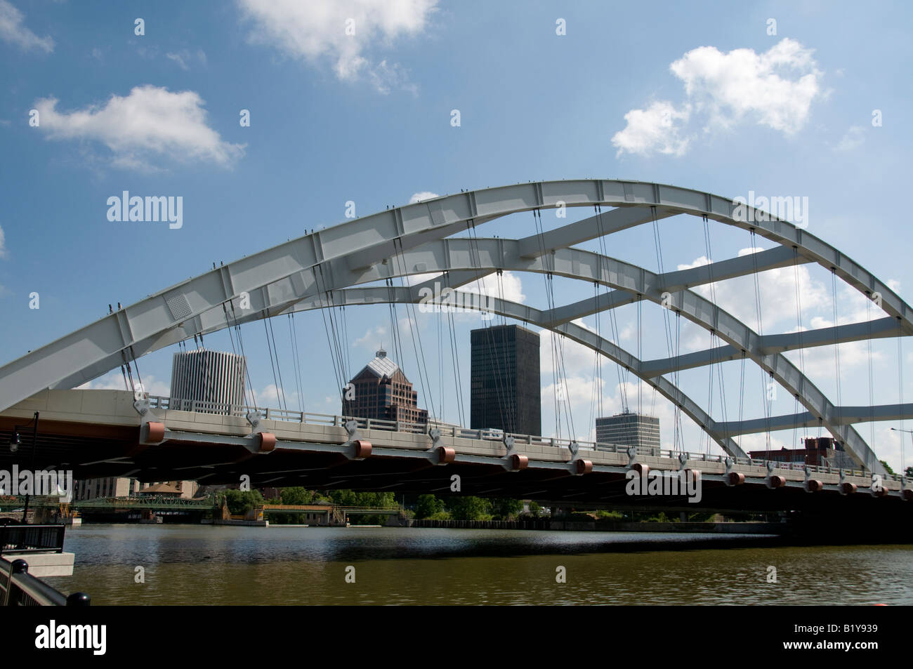 Rochester NY USA skyline with Frederick Douglass - Susan B. Anthony Memorial Bridge Stock Photo ...