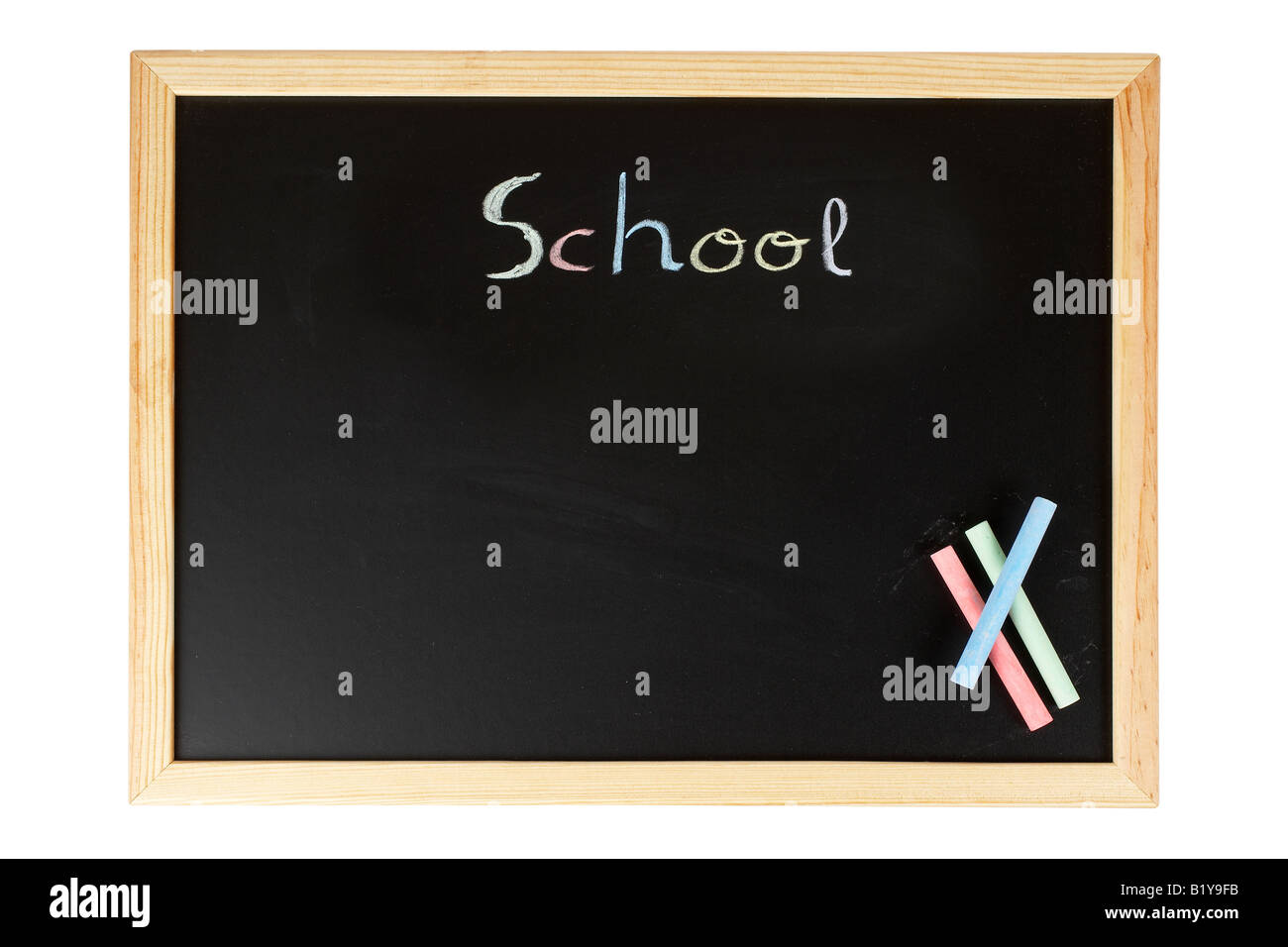 A black chalkboard with colored chalks Isolated on white background ...
