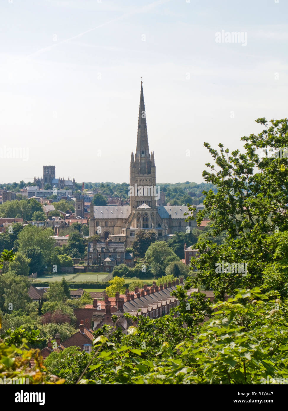 Historic medieval Norman Norwich Cathedral from Ketts Heights Norwich ...