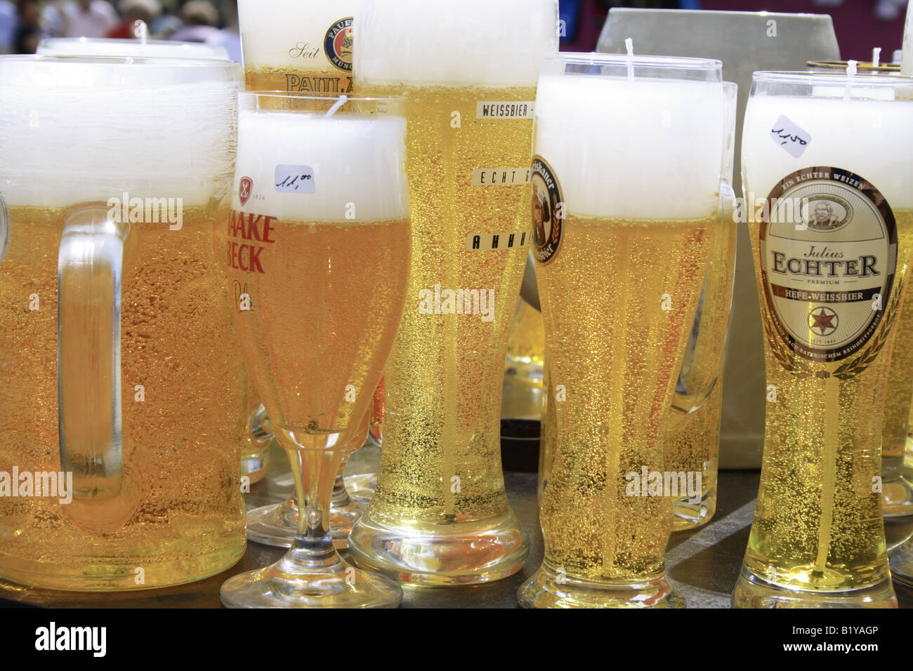 Bavarian fake wax beer in glasses at display. Photo by Willy Matheisl ...
