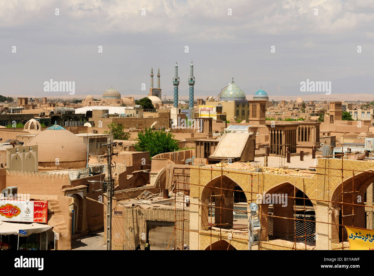 A roof top view across Yazd one of Iran's oldest cities, focusing ...