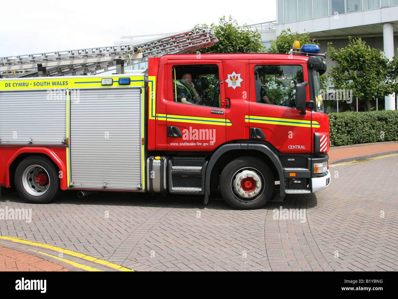 Fire engine vehicle attending a call at a hotel in the city of Cardiff ...