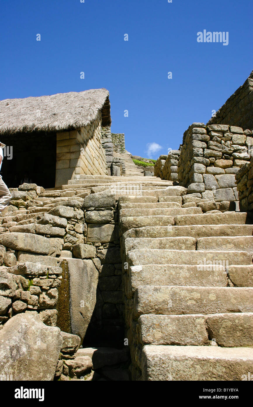 Steep stair at Machu Picchu ancient Inca city at the Andes Peru Stock ...