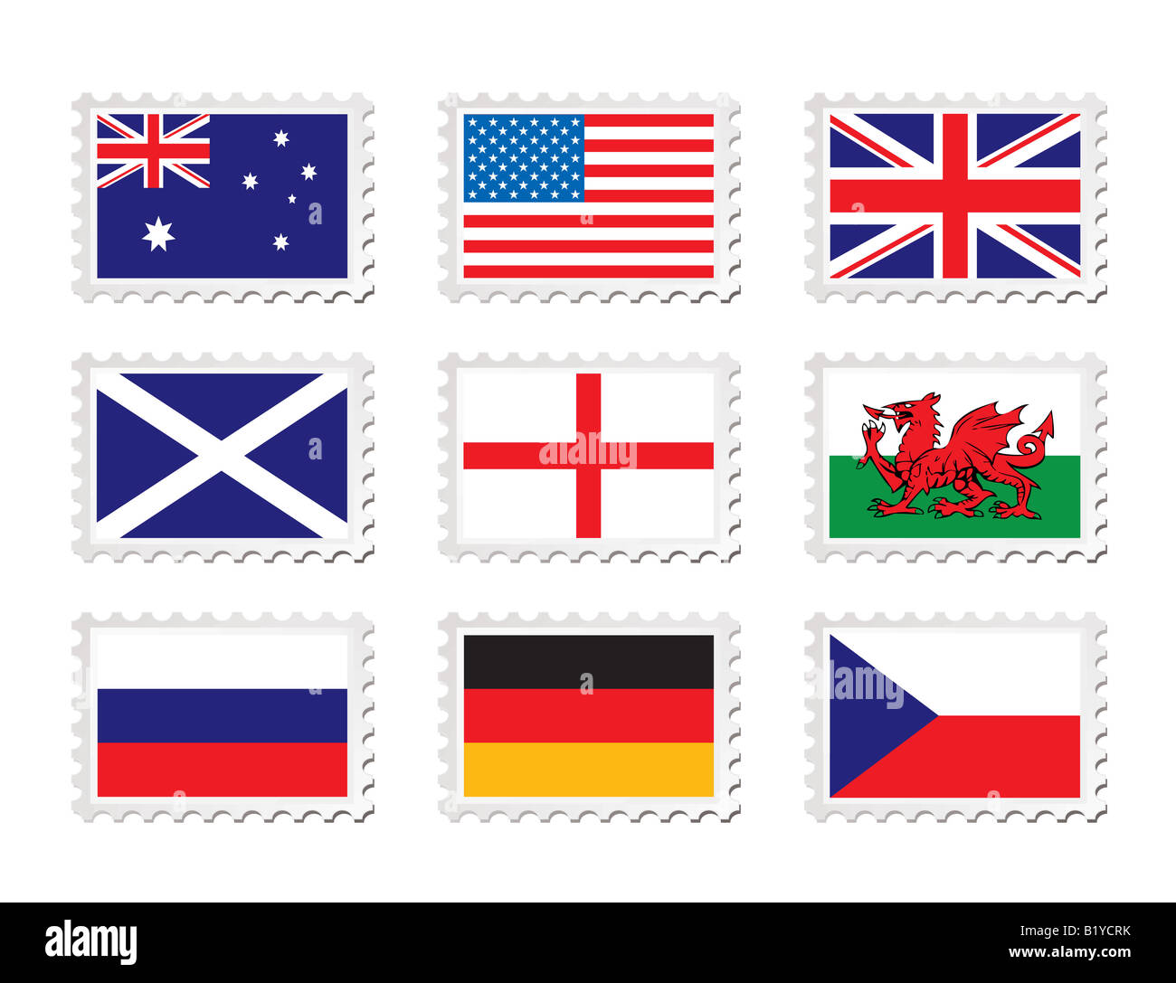 Collection of nine stamp with country flag on them Stock Photo - Alamy