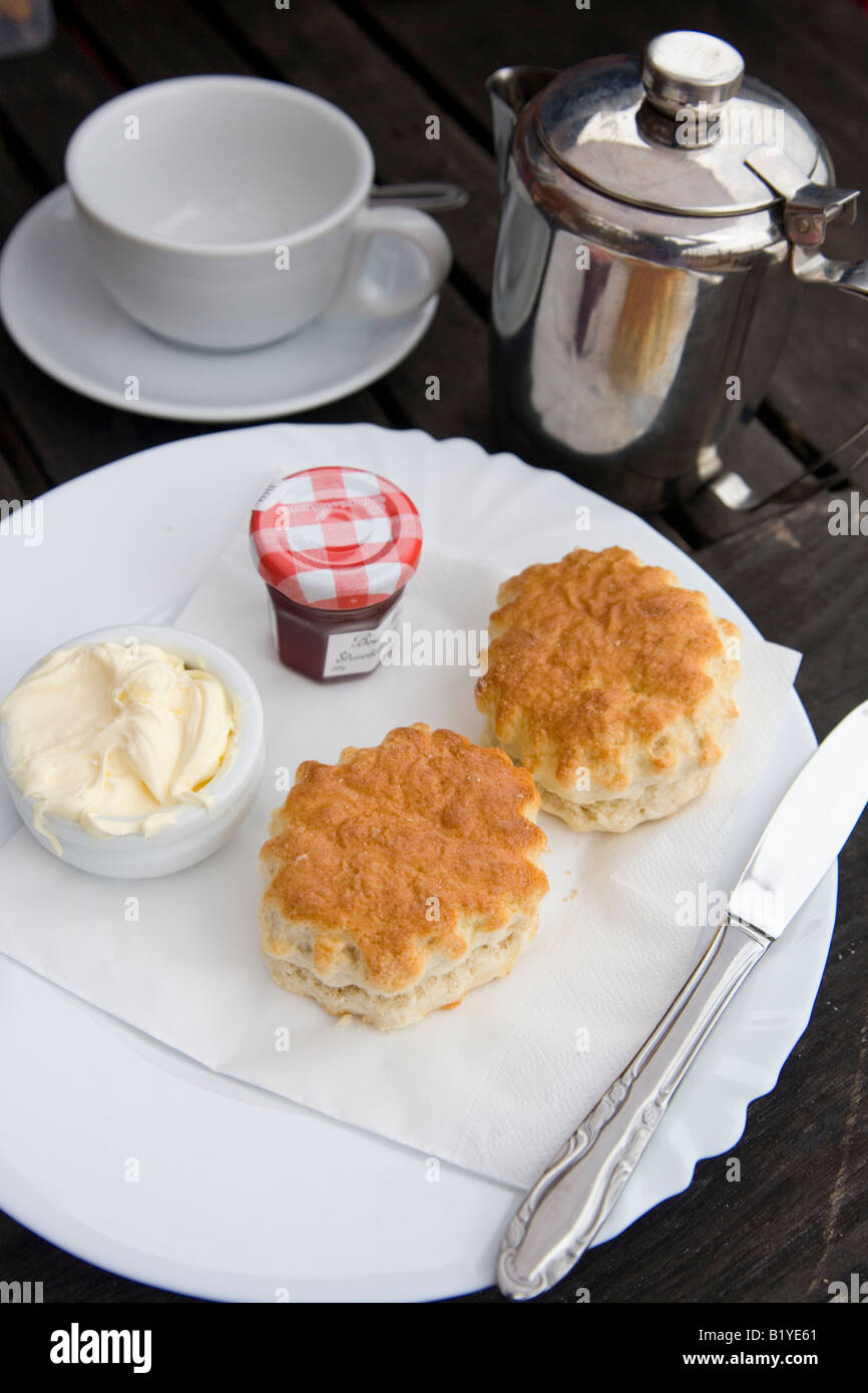 A traditional English Cream Tea comprising tea scones jam and cream ...