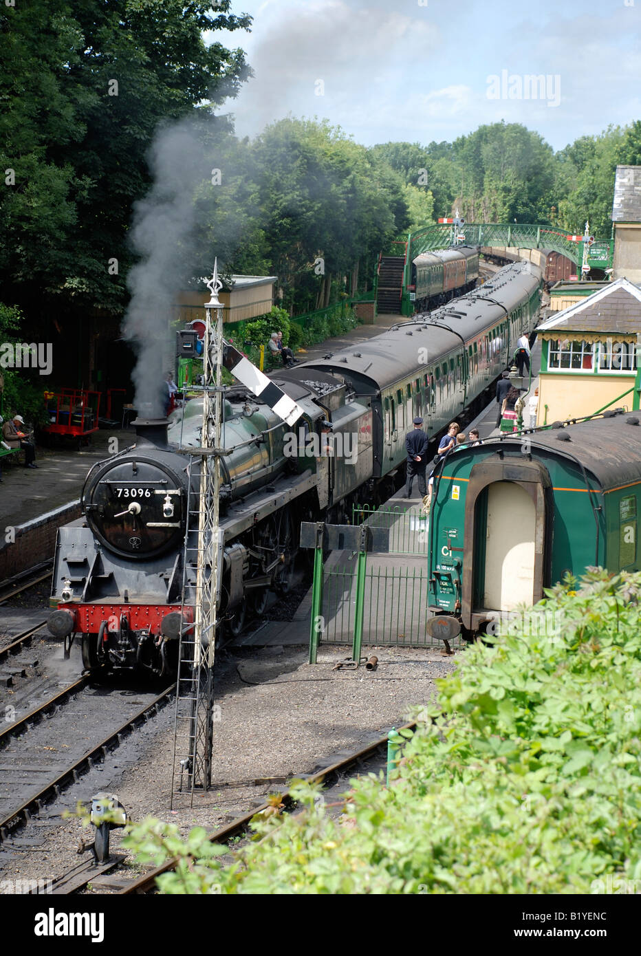 watercress steam train leaving station showing signal and smoke Stock ...