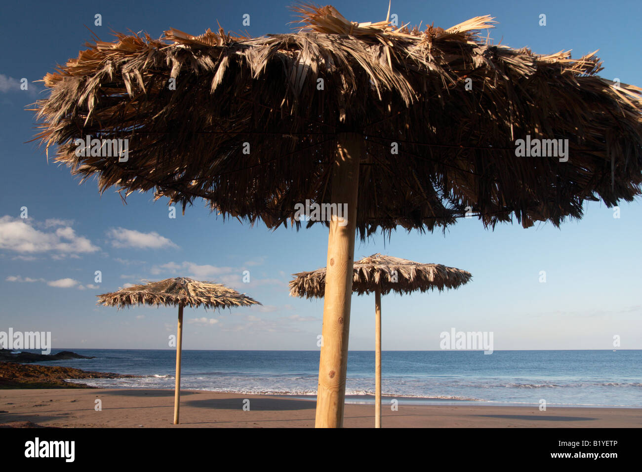 Straw parasols on Playa La Tejita near El Medano on Tenerife in The ...