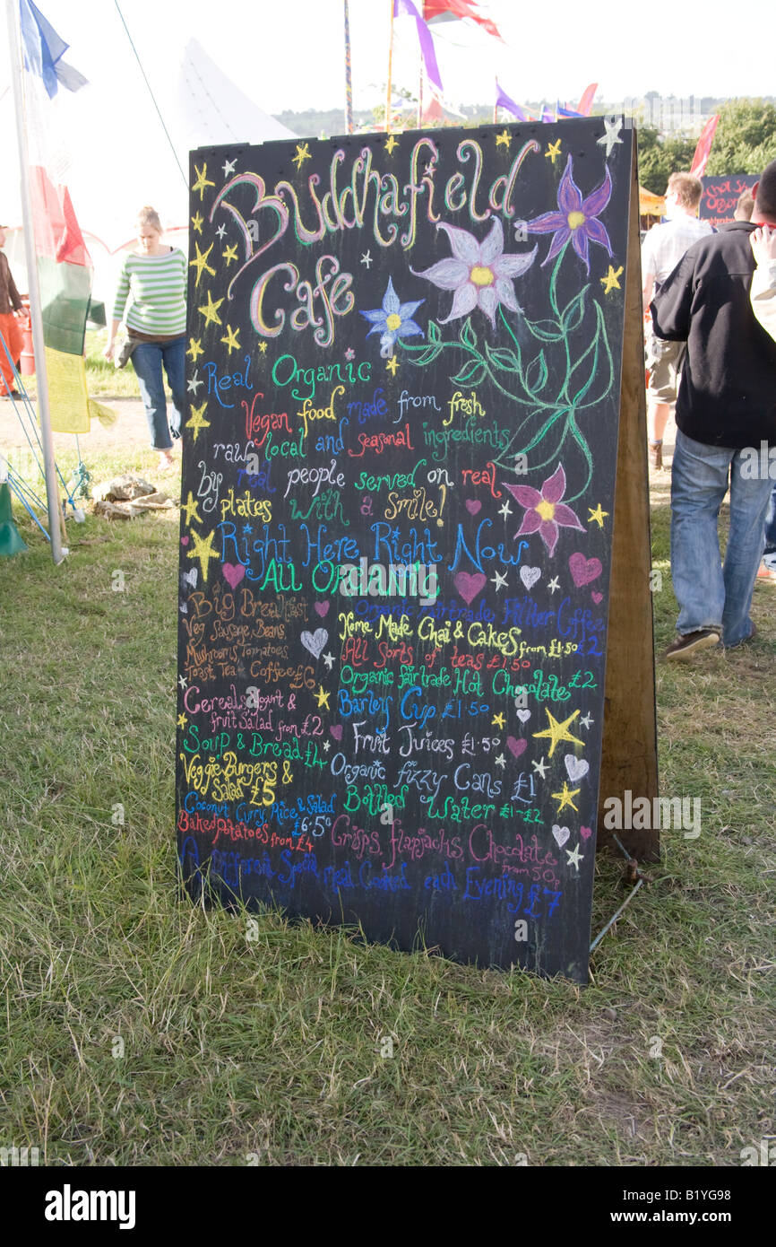 Menu blackboard sign for the Buddhafield Cafe in the green fields ...