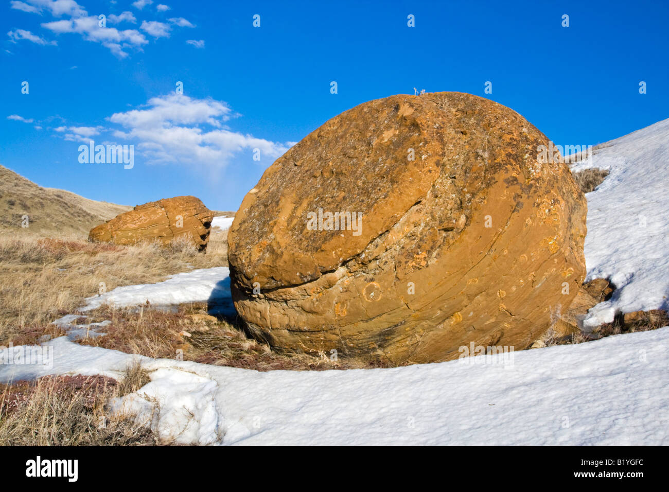 Sandstone concretions in Red Rock Coulee Natural Area, Alberta Stock ...