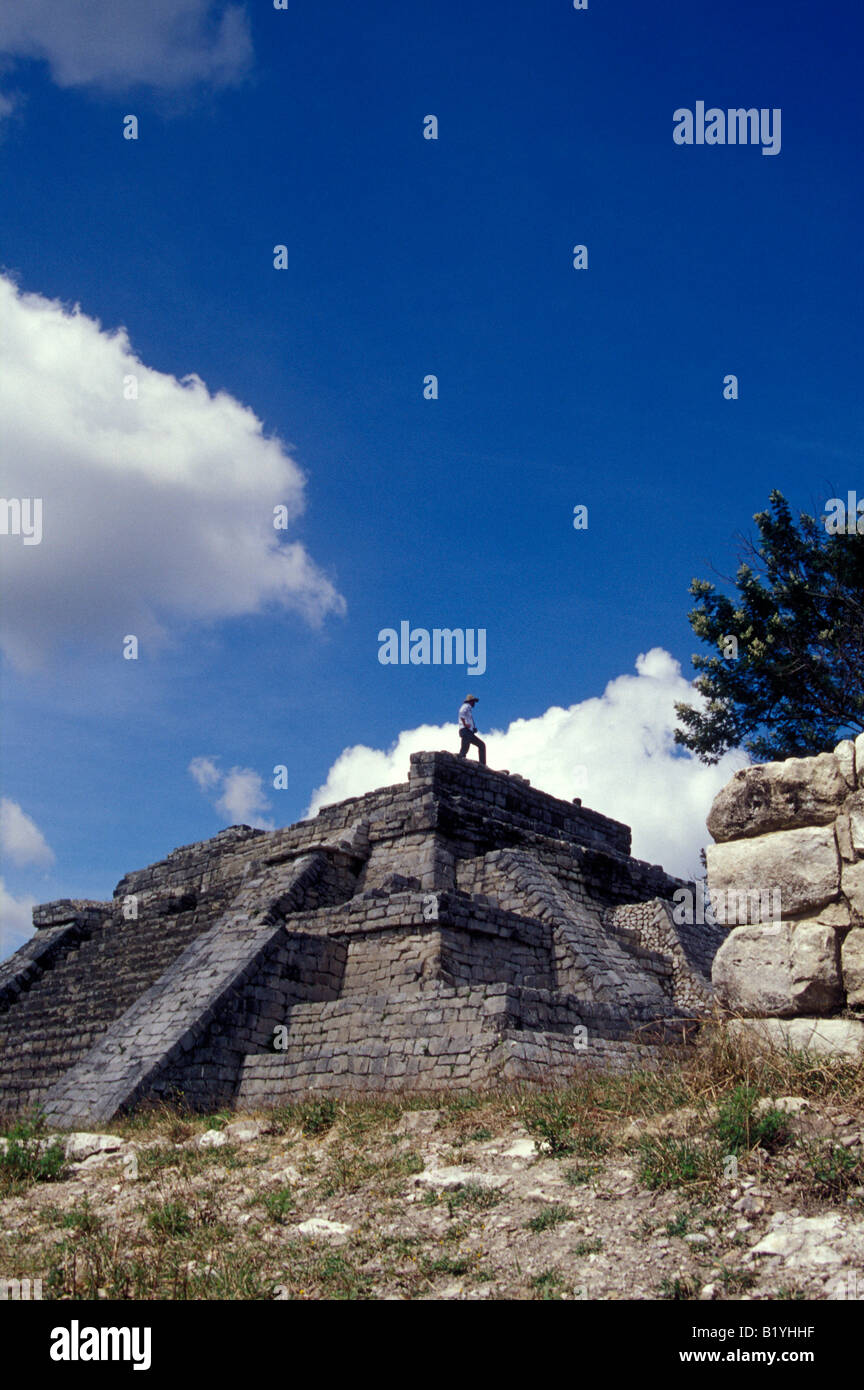 Tourist on top of the Acropolis the main structure at at the Mayan ...