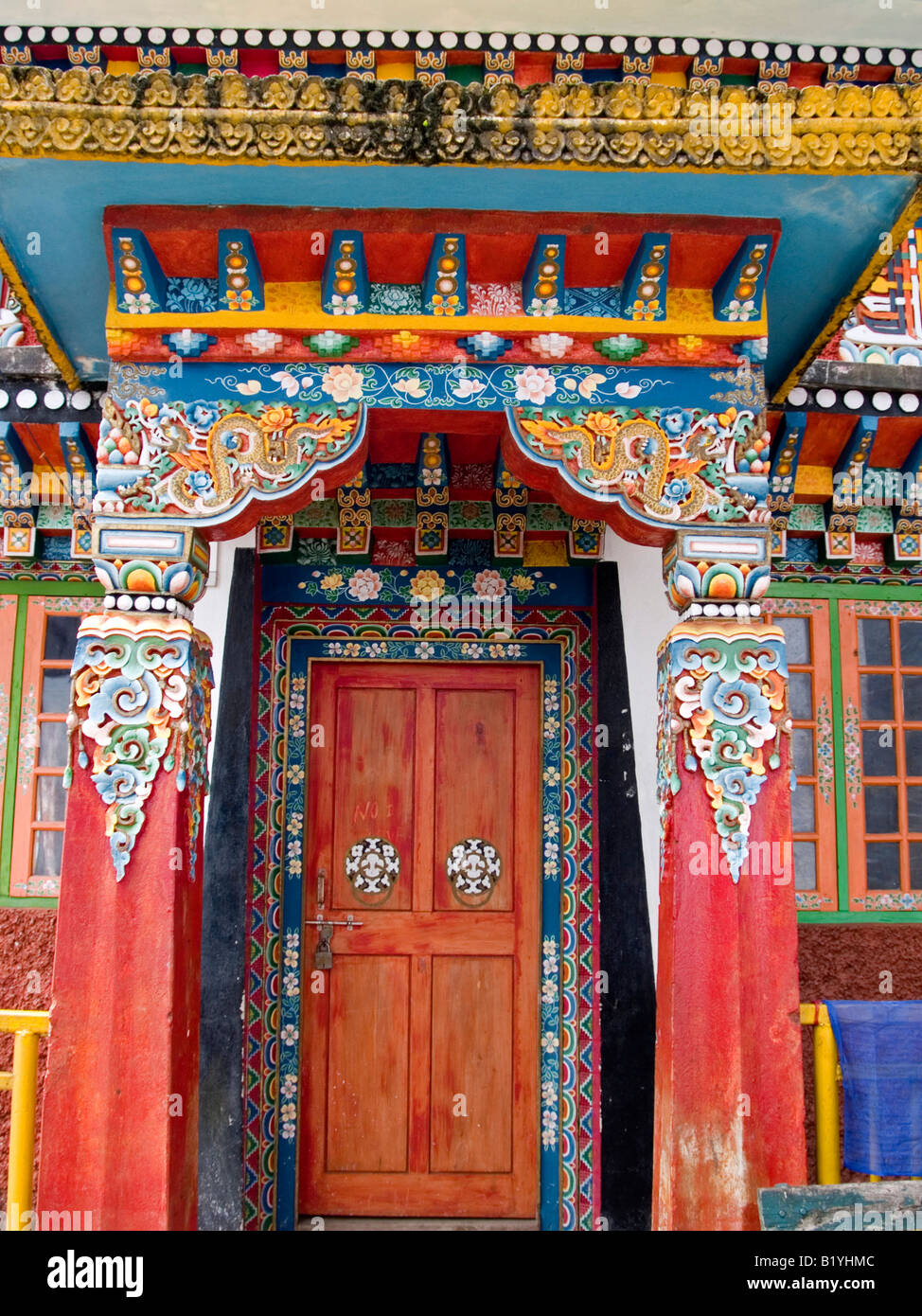 colorful doors and archtecture at Pemayangtse Tibetan Buddhist ...