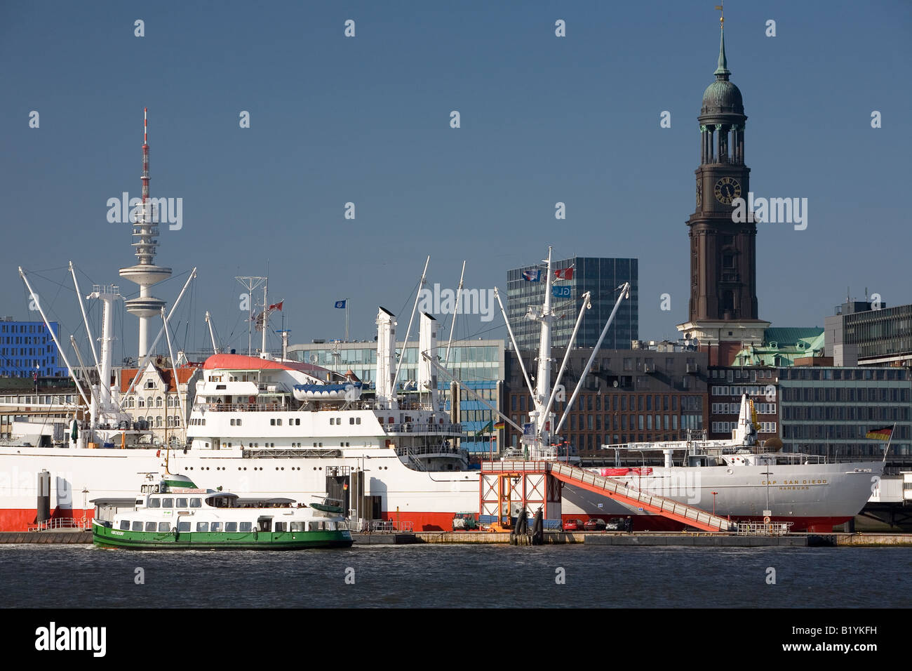 Hamburg waterfront with the museum freighter Cap San Diego in front of ...