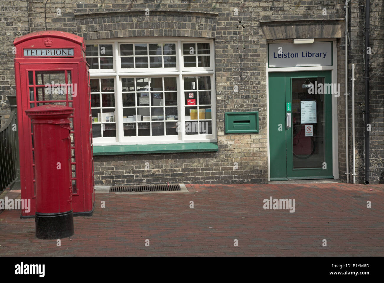 Library, red phone box and pillar box, Leiston, Suffolk, England Stock ...