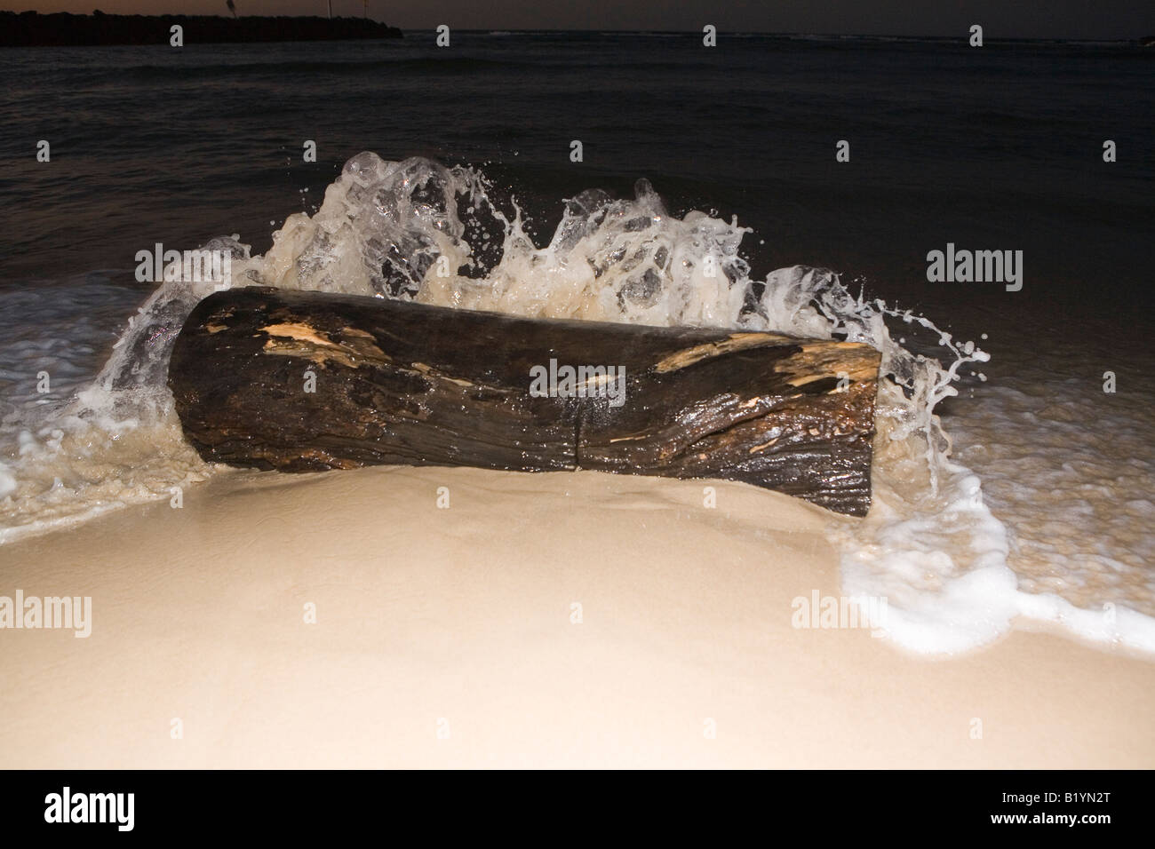 Wave splashing on standed log at night time Stock Photo - Alamy