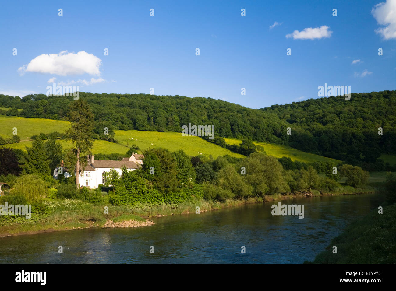 Moravion Church from Brockweir Bridge, Wales/England border, River Wye ...