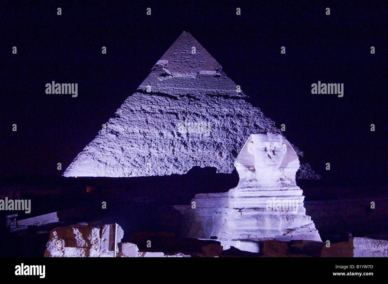 The pyramids of Giza and sphinx illuminted with lights during the sound ...