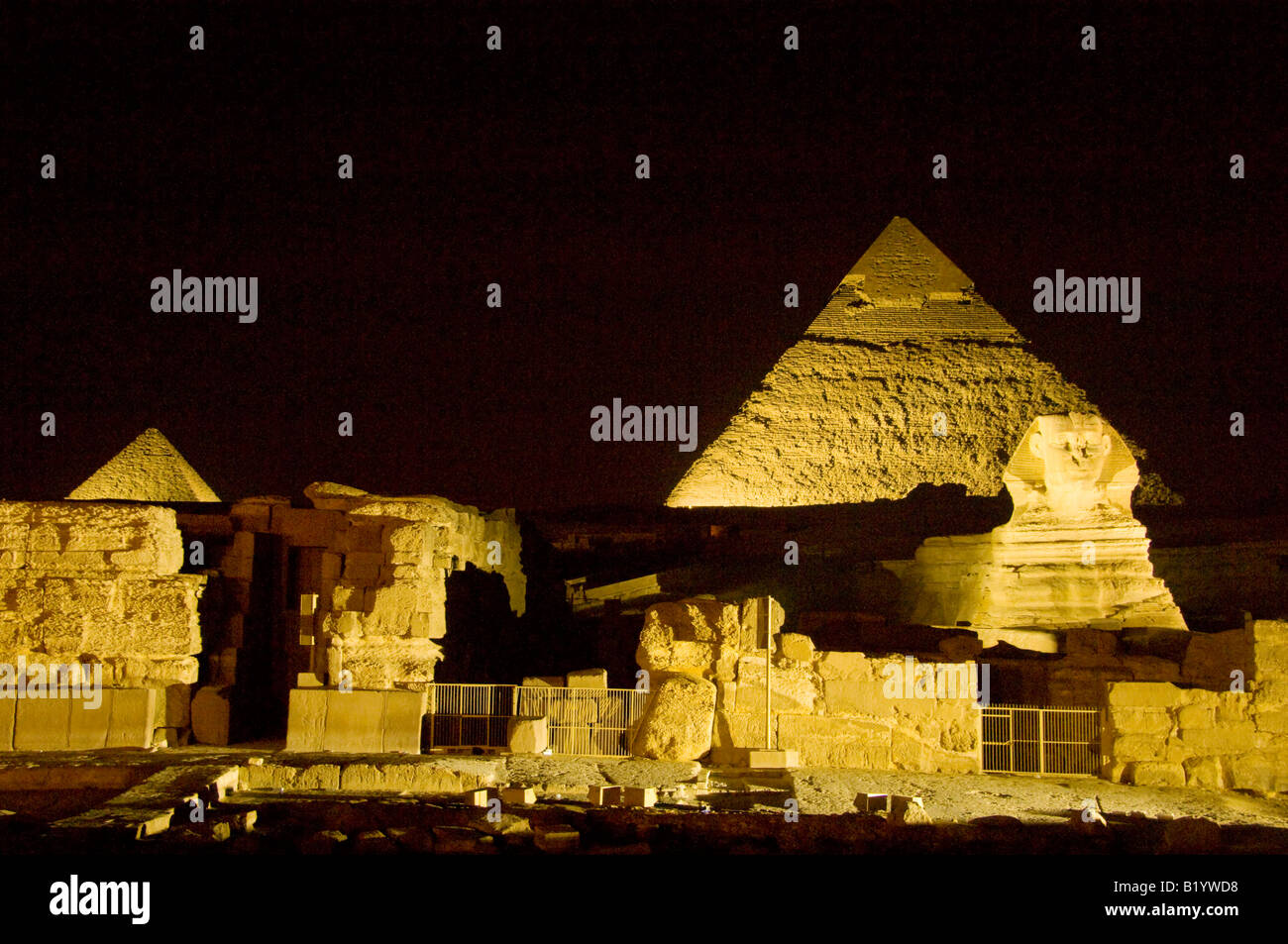 The pyramids of Giza and sphinx illuminted with lights during the sound ...