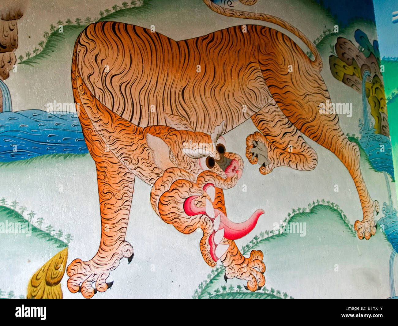 tiger mural on the wall of Pemayangtse Tibetan Buddhist monastery in ...