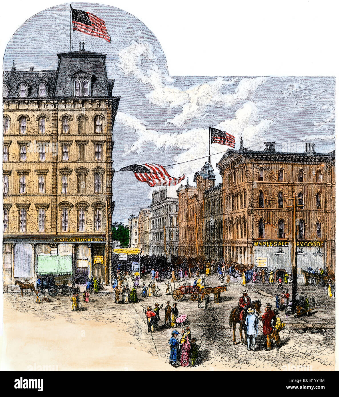 Business center of Atlanta Georgia about 1880. Hand-colored woodcut ...