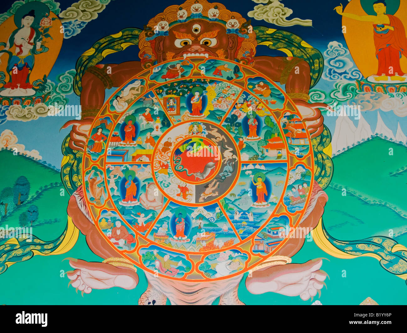 colorful Buddhist mural depicting Padmasambhava Buddha on the wall of ...