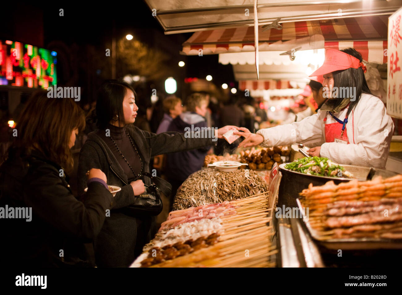 Stall selling meat kebabs in the Night Market Wangfujing Street Beijing ...
