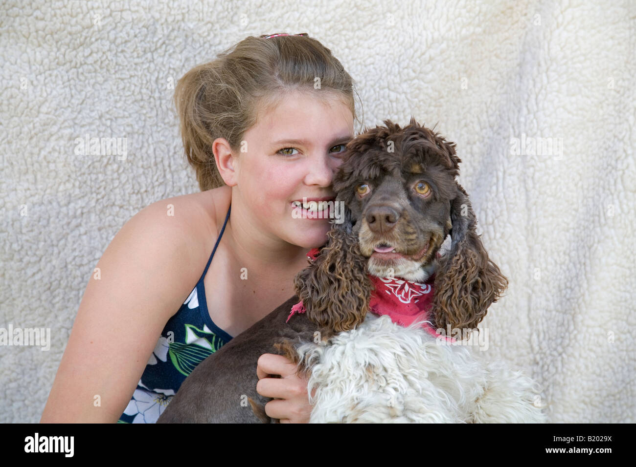 A thirteen year old girl and her American Cocker Spaniel dog Stock ...