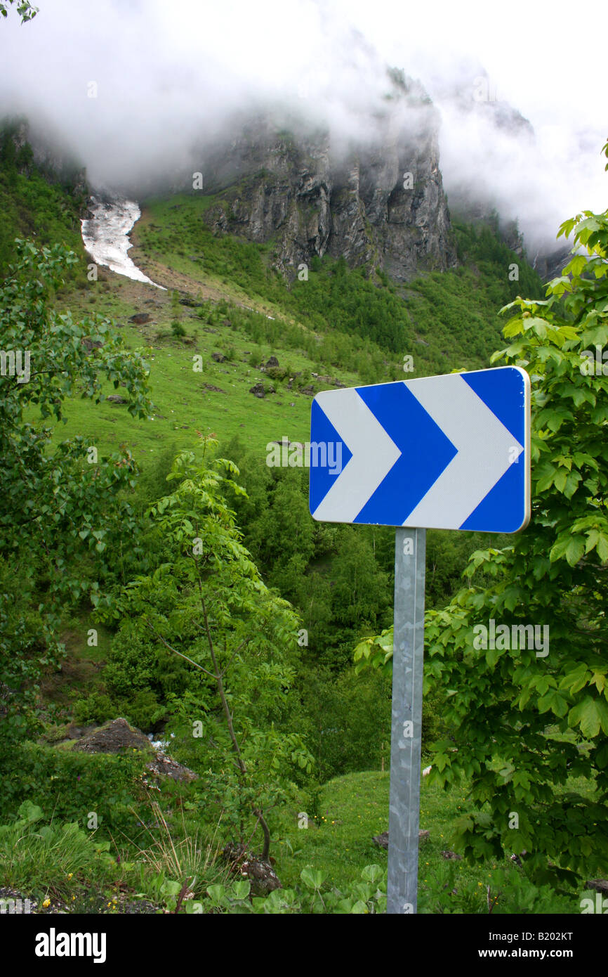 sharp bend warning sign in the Alps, Cret Bettex, Savoie department ...