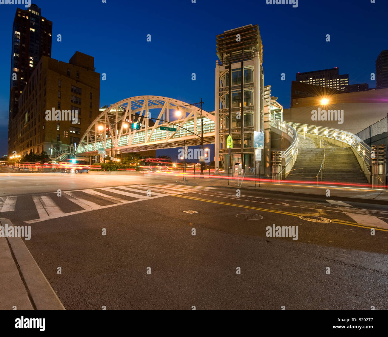 Twilight view of Tribeca bridge at the corner of Chambers st and West ...