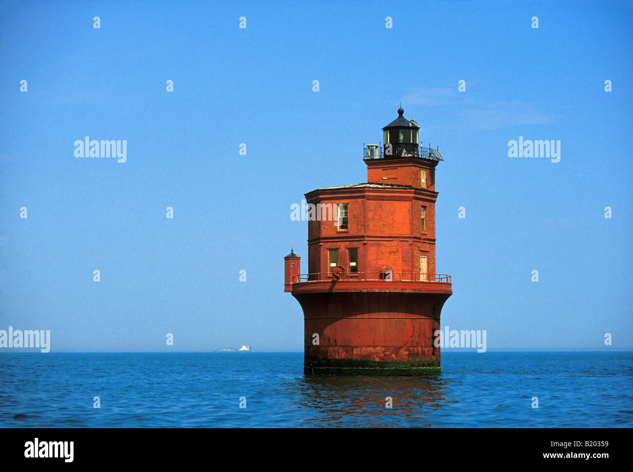 Wolf Trap Lighthouse on Chesapeake Bay with Freighter on the Horizon ...