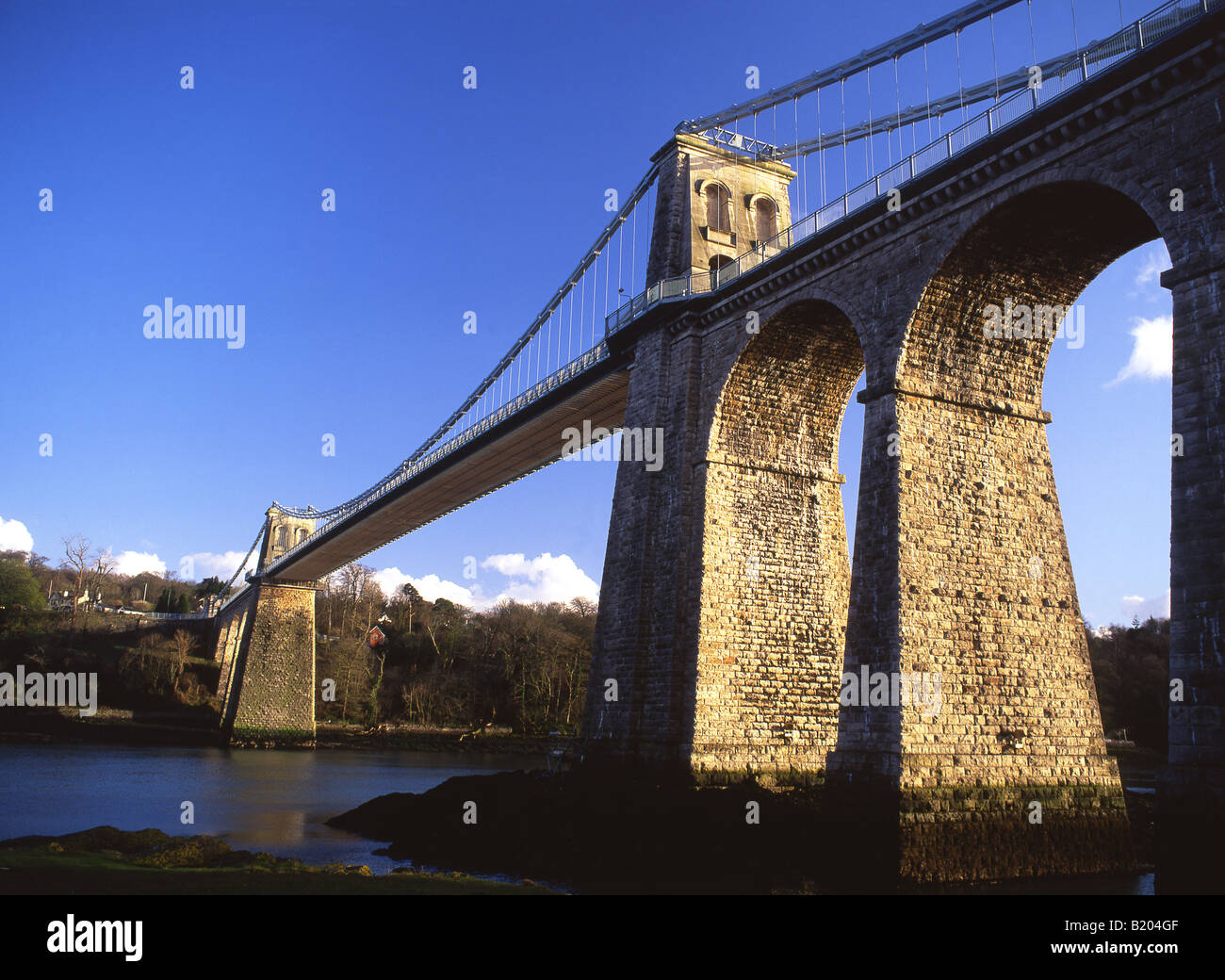 Menai Suspension Bridge at sunset Anglesey North Wales UK Stock Photo ...