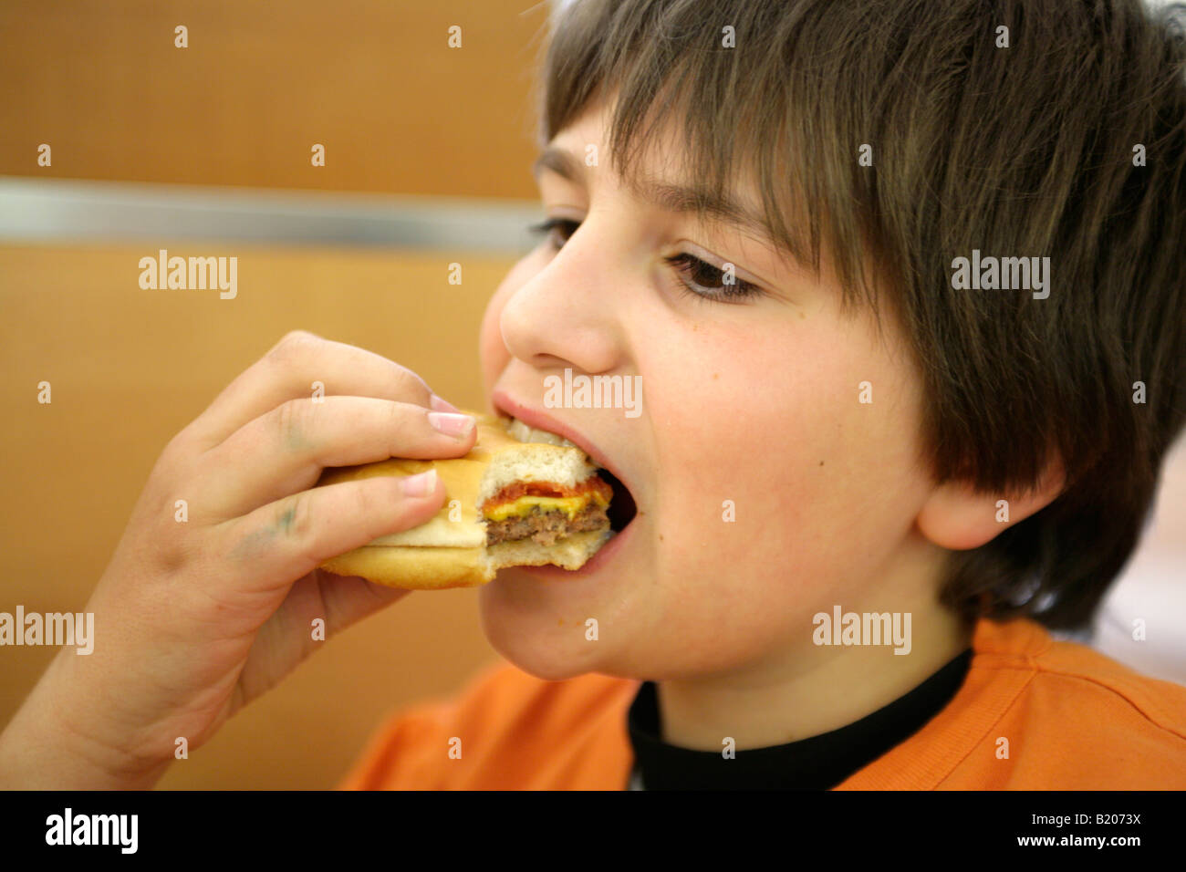 portrait of a young boy eating a hamburger Stock Photo - Alamy
