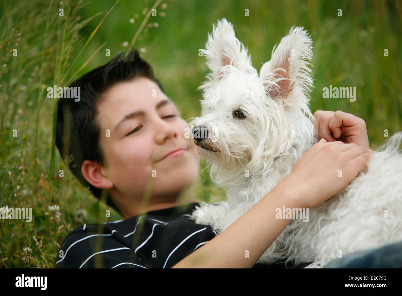 a young boy snuggling with his dog Stock Photo - Alamy
