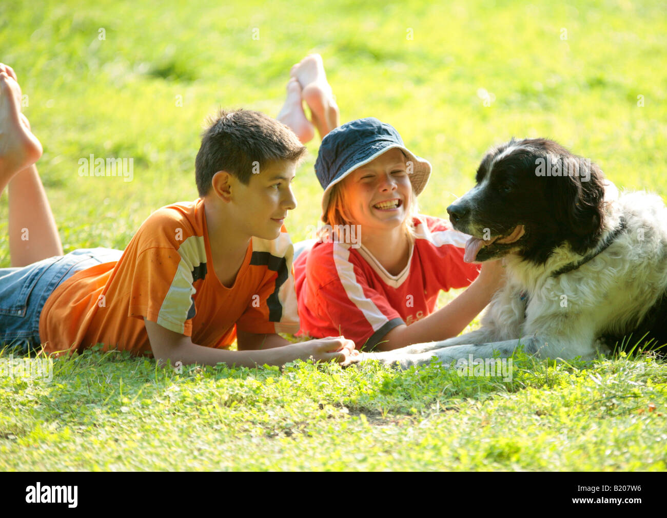 two young boys snuggling with their dog Stock Photo - Alamy