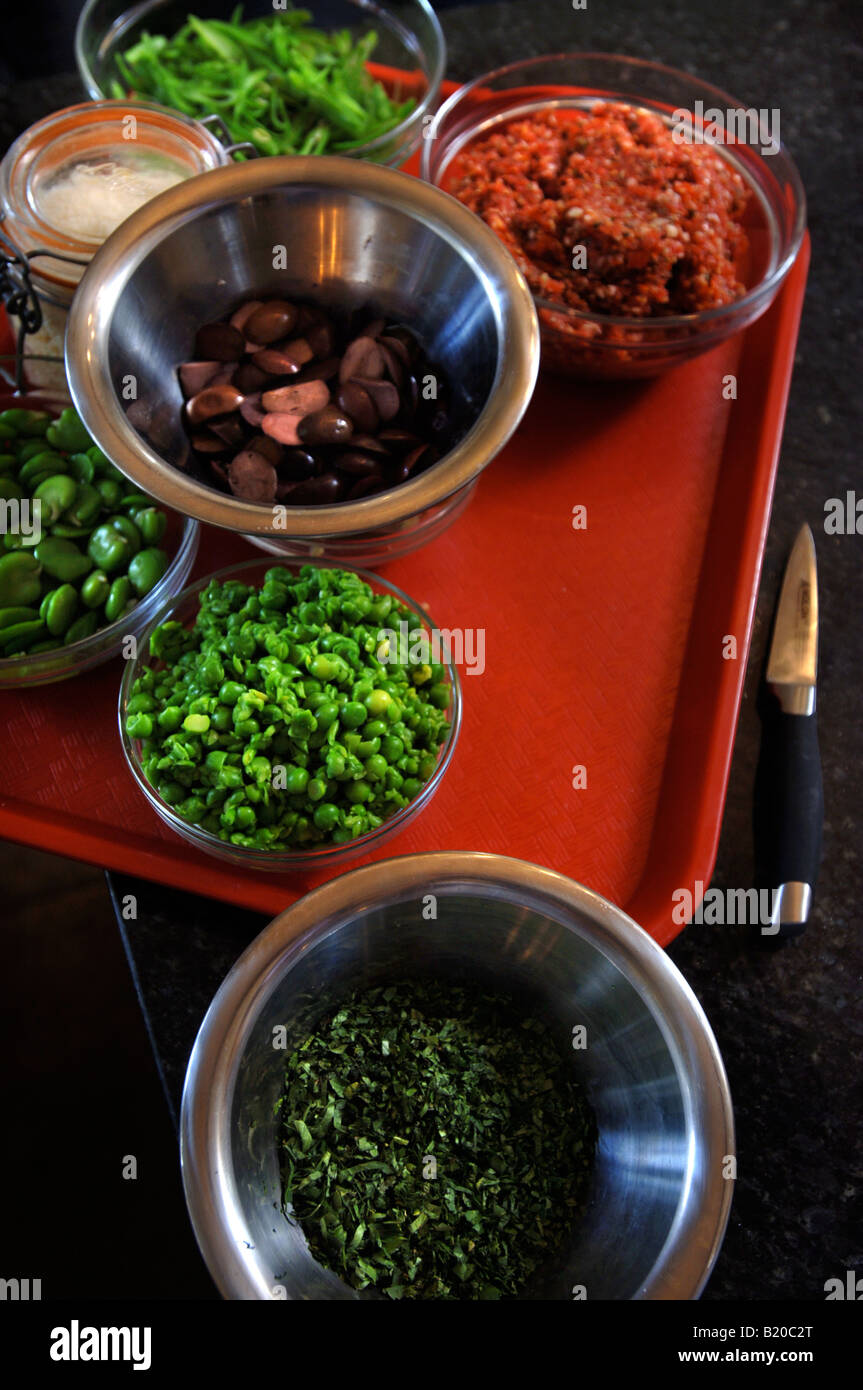 INGREDIENTS FRESHLY PREPARED FOR A CHEF TO COOK IN A RESTAURANT UK ...