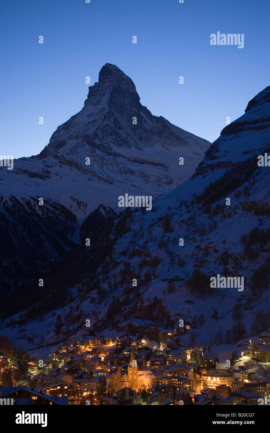 Illuminated Zermatt village with the Matterhorn 4478 metres in the ...