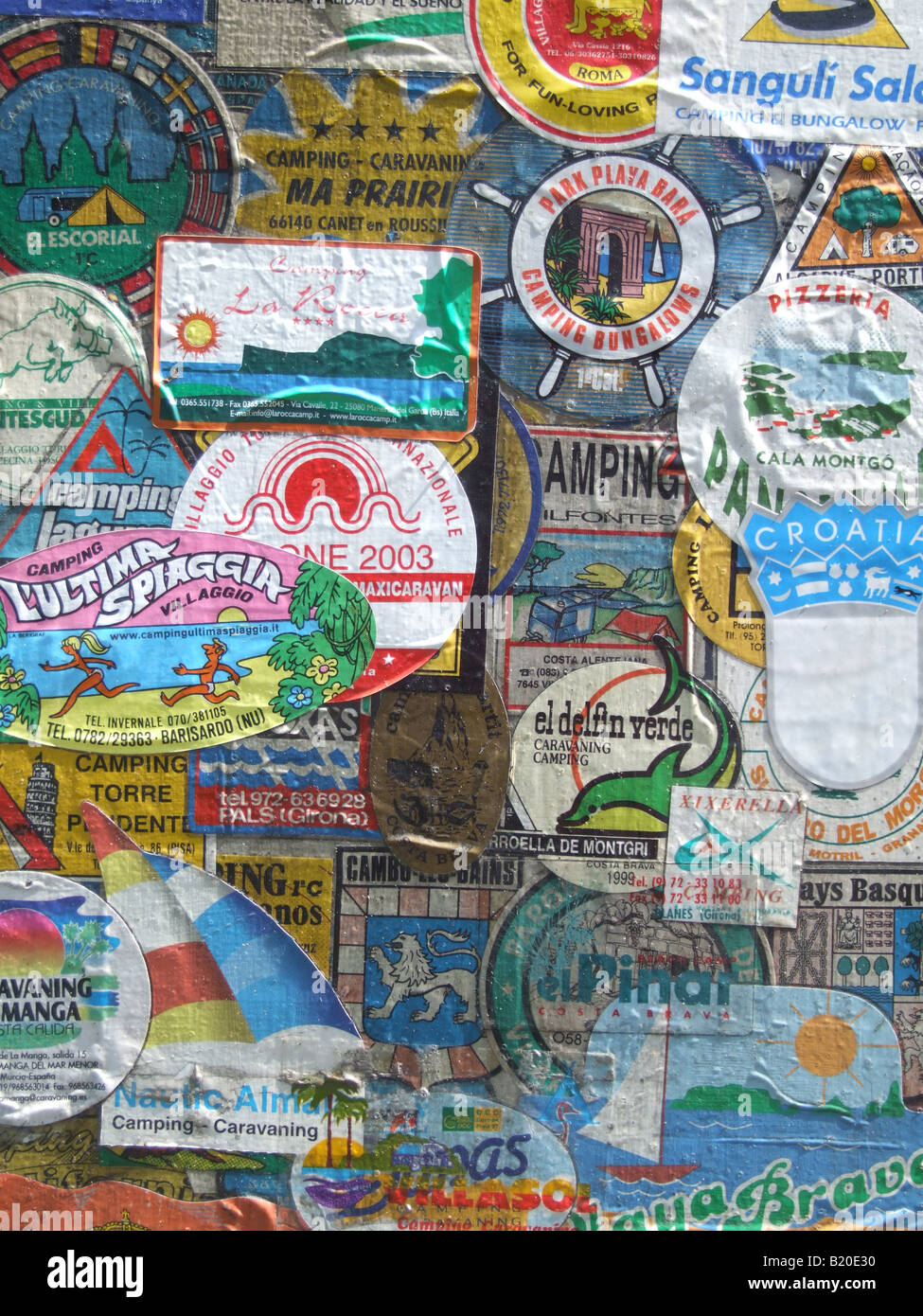 destination stickers on the back of a camper van Stock Photo - Alamy