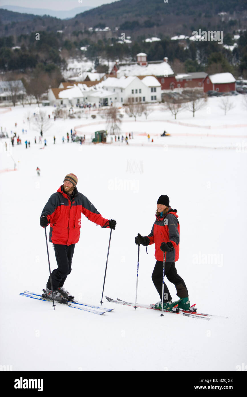 Skiing at the Quechee Ski Hill in Quechee, Vermont. The ski lodge is in ...