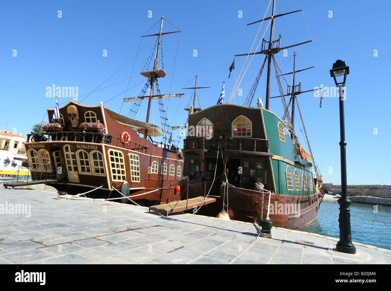 A pirate ship in the Venetian Harbor of Rethymnon (Crete, Greece Stock ...