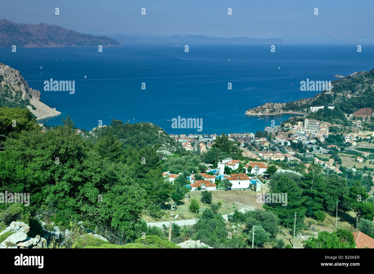 Resort town of Turunc and it's Bay as seen from the cliffs above the ...