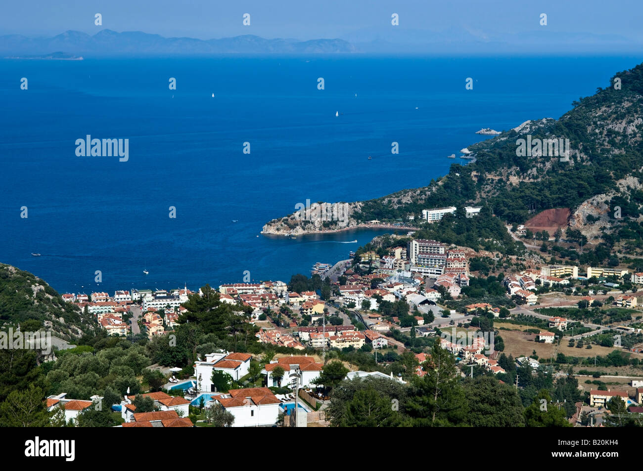 Resort town of Turunc and it's Bay as seen from the cliffs above the ...