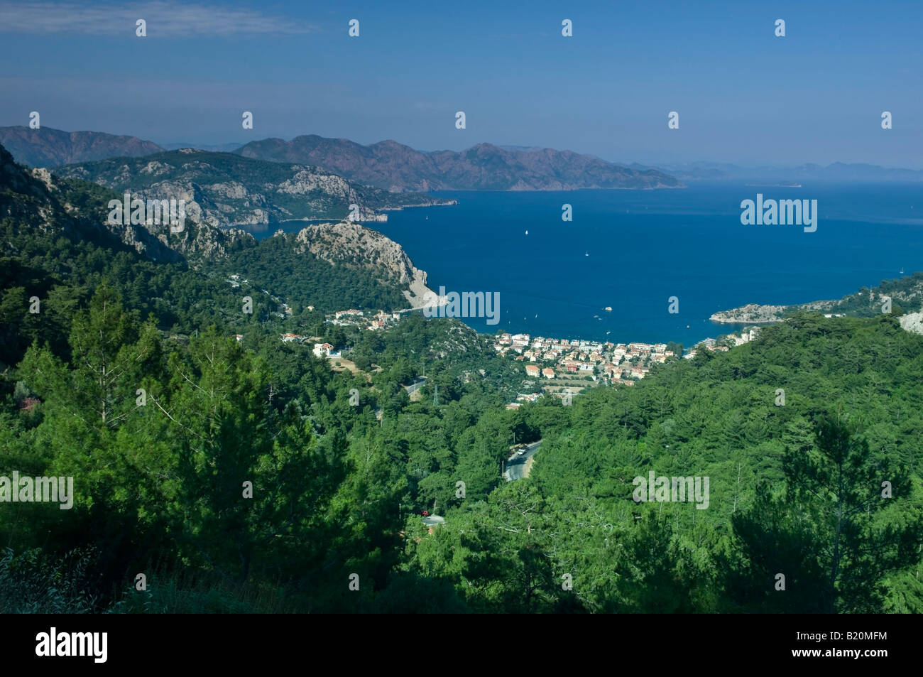 Resort town of Turunc and it's Bay as seen from the cliffs above the ...