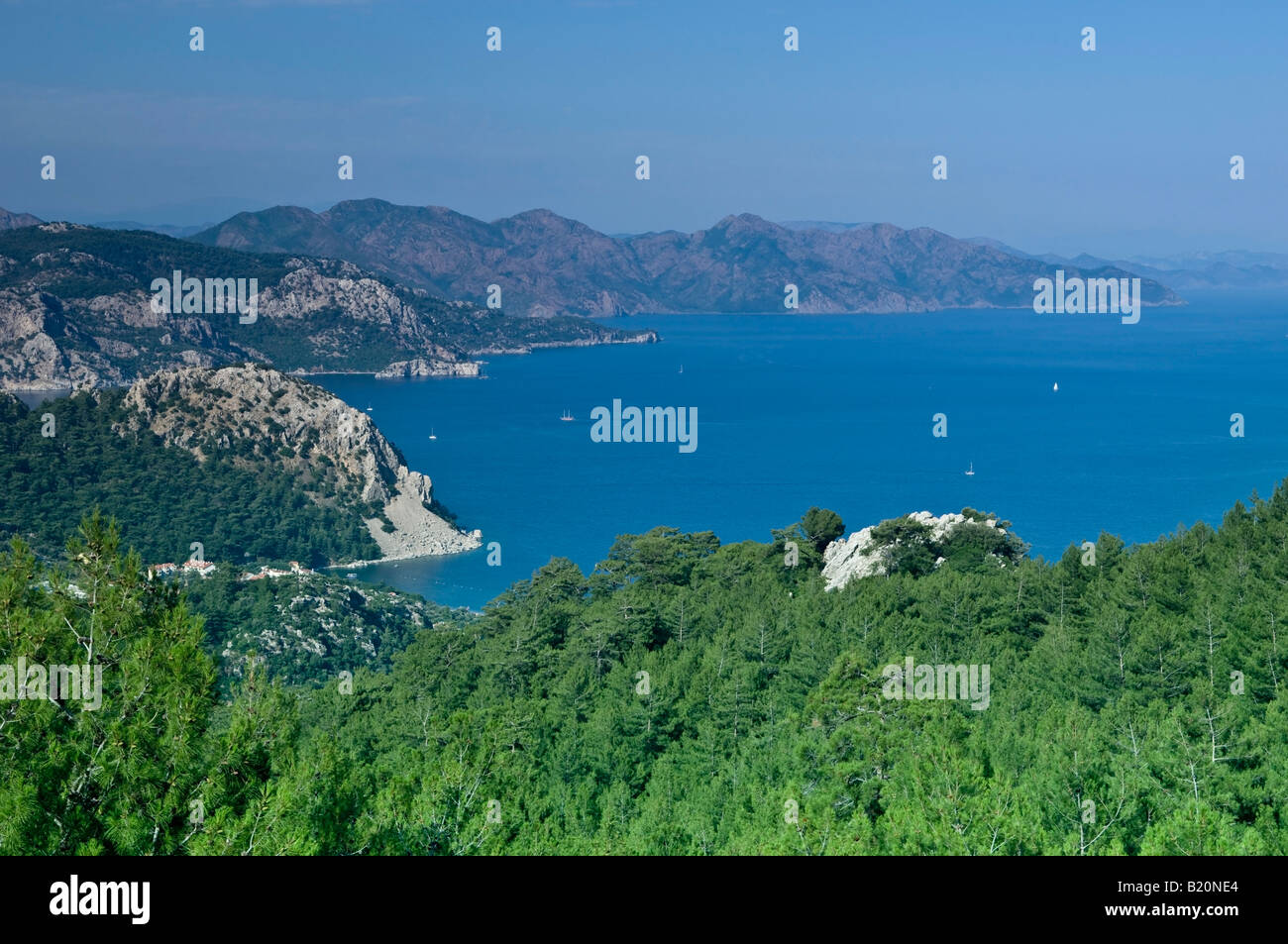 Resort town of Turunc and it's Bay as seen from the cliffs above the ...